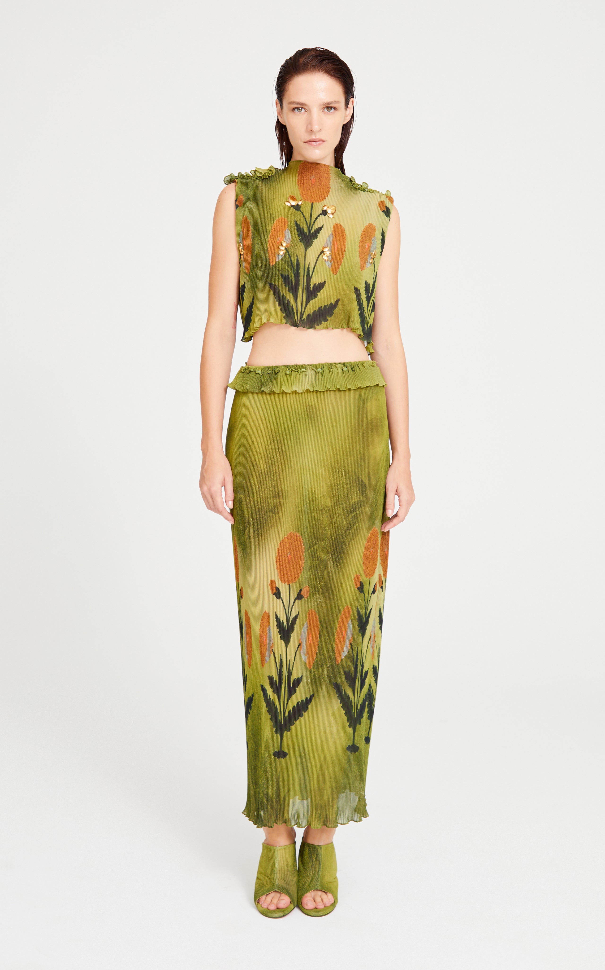 Printed Green High Neck Top With Gold Sequin Details – RAISA VANESSA INT