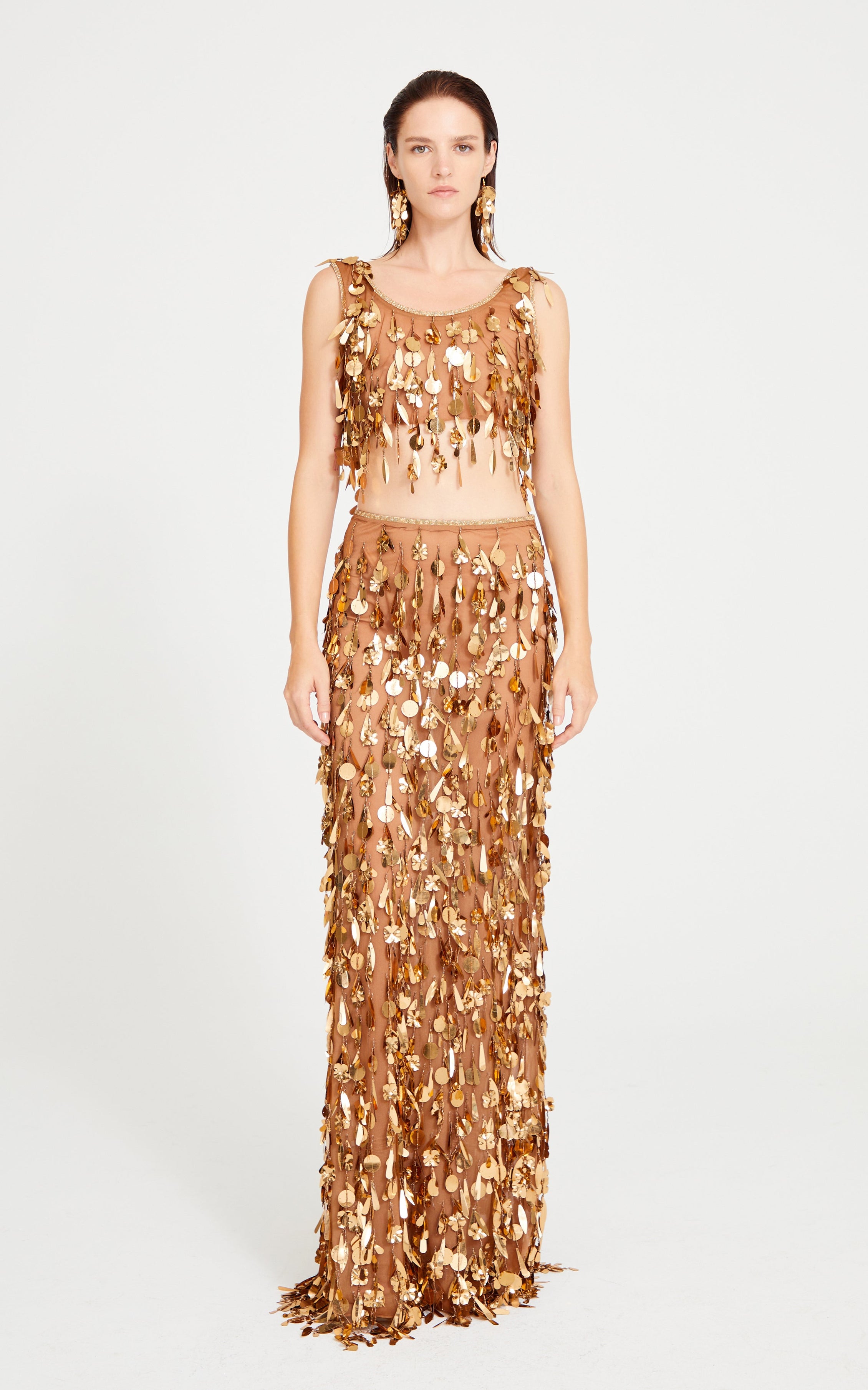 Bronze Beaded Tulle Crop Top With Dripping Gold Sequin And Embroidery ...