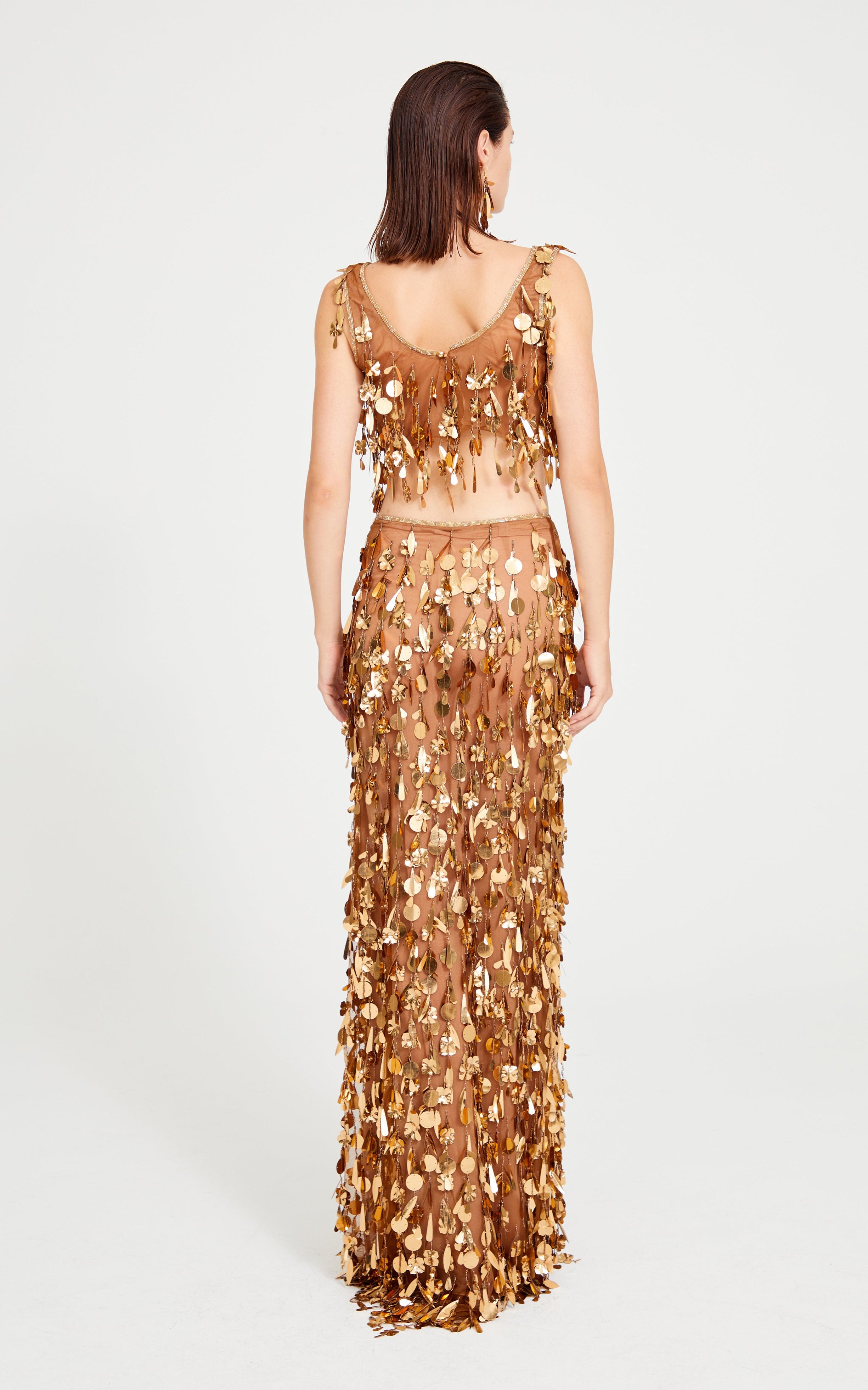 Bronze Beaded Tulle Crop Top With Dripping Gold Sequin And Embroidery ...