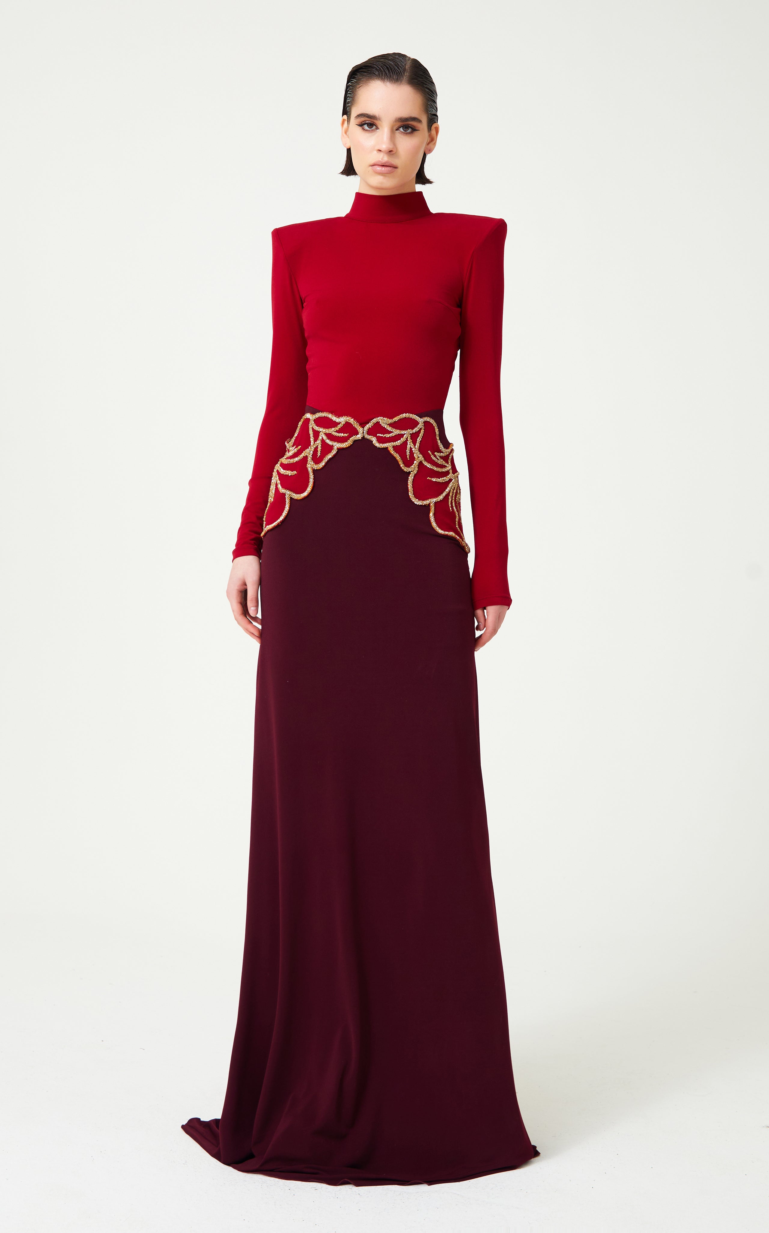 Multi Color Stretchy Backless Gown With Gold Flower Embellishments ...