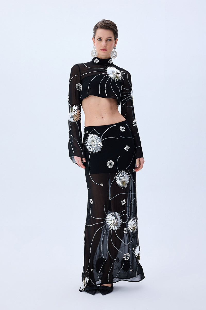 Black Sequined Chiffon Maxi Skirt With Patent Flowers – RAISA VANESSA INT