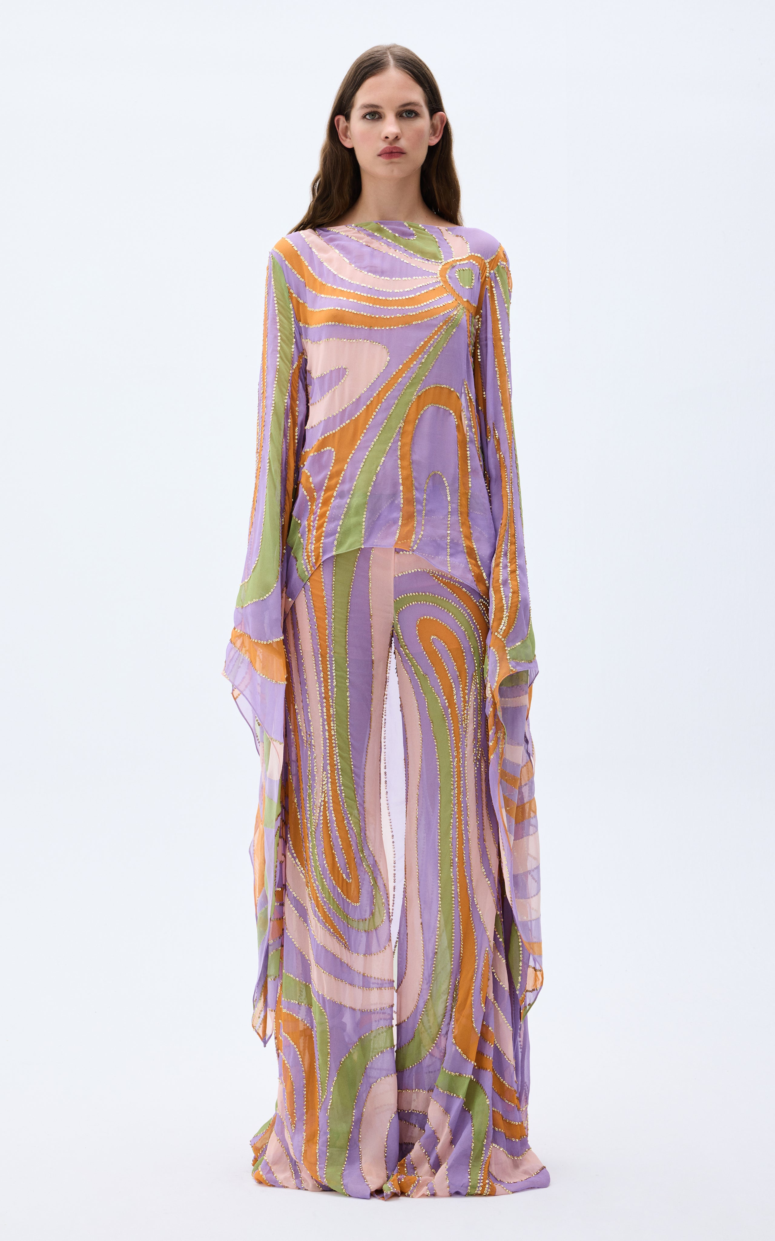 Gold Beaded Printed Chiffon Top With Long Back And Flare Sleeves ...