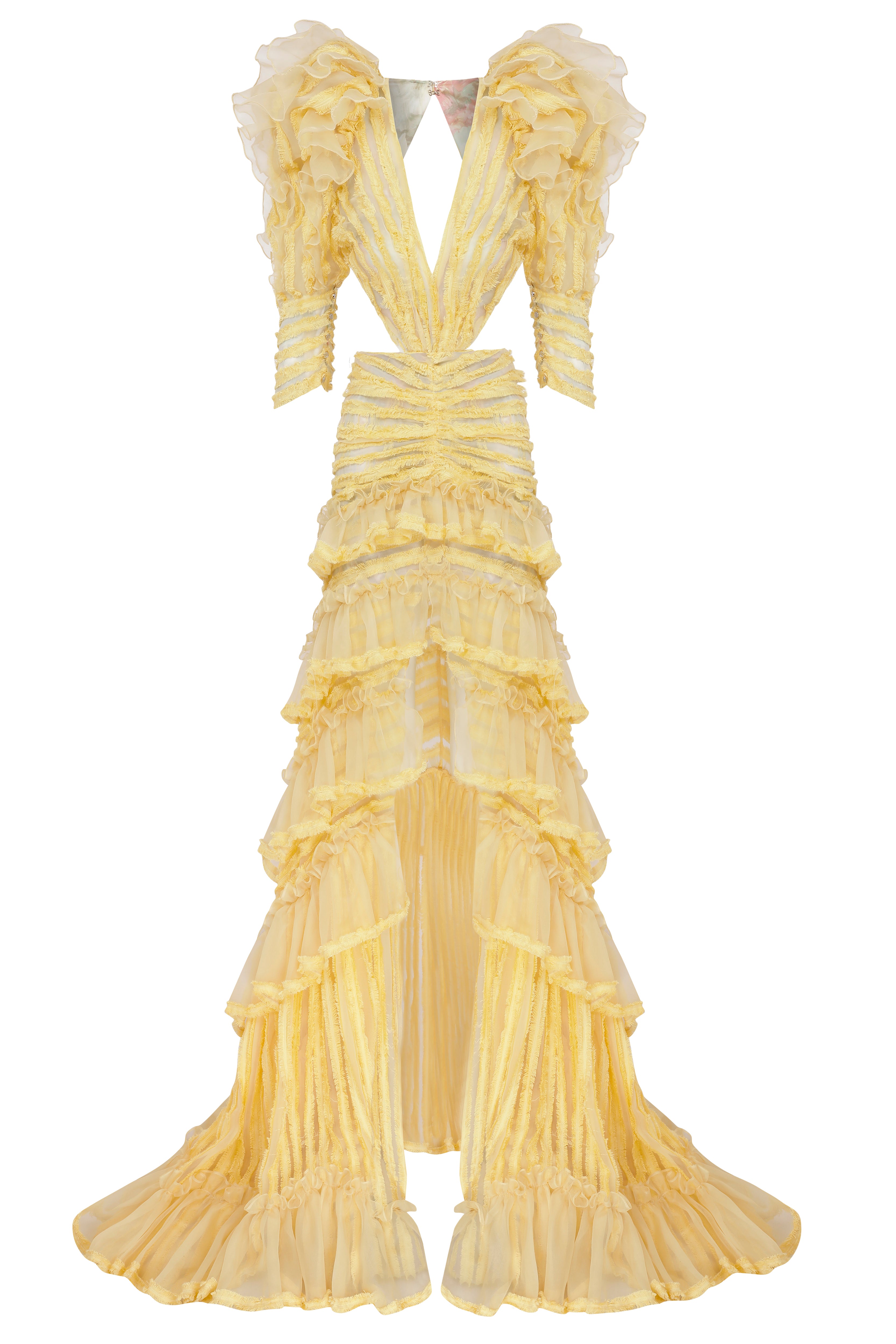 Ruffled Yellow Maxi Dress with Puffy Shoulders – RAISA VANESSA INT